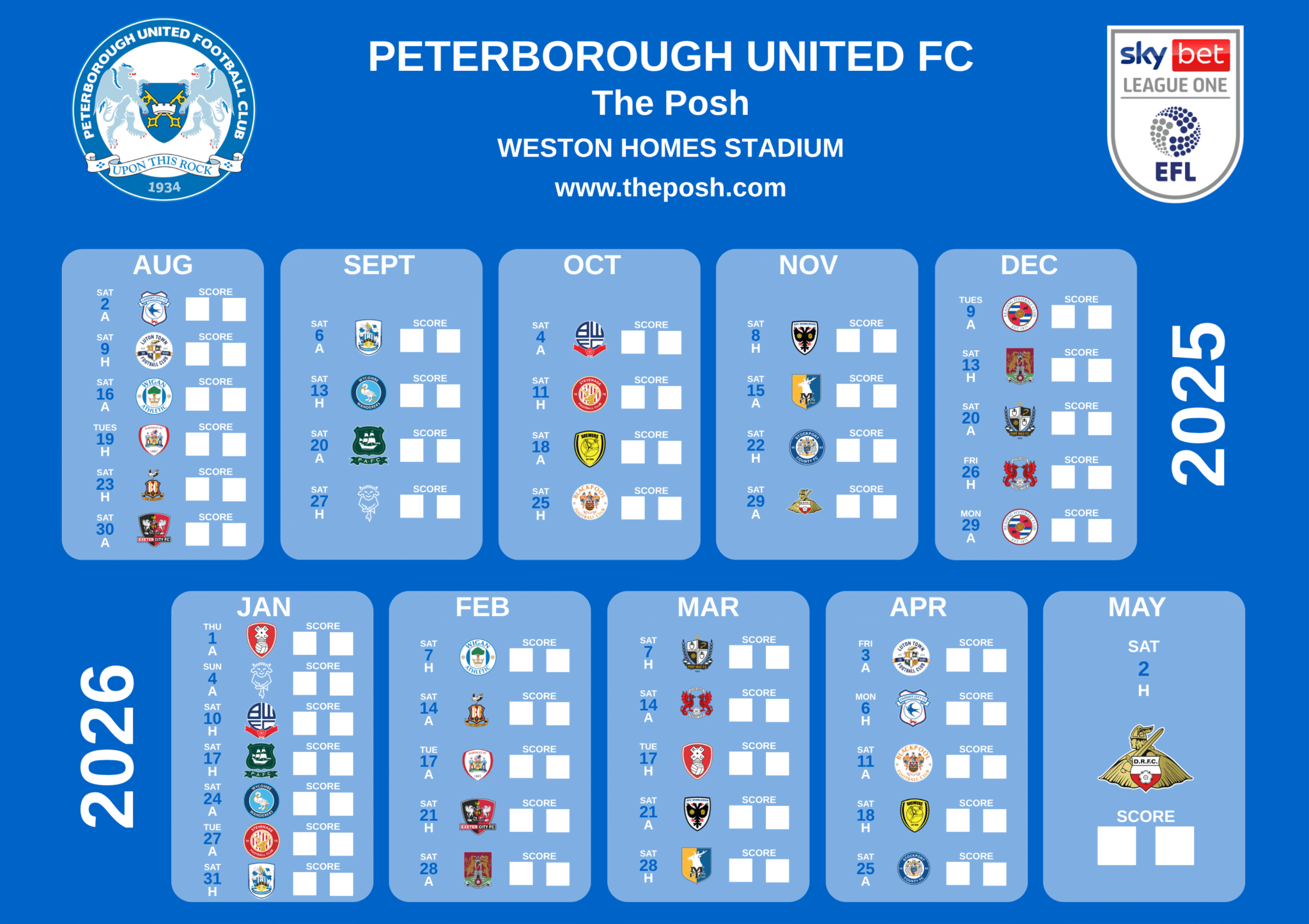 Peterborough United FC 2025/26 Wall Calendar | thefootballseason.com