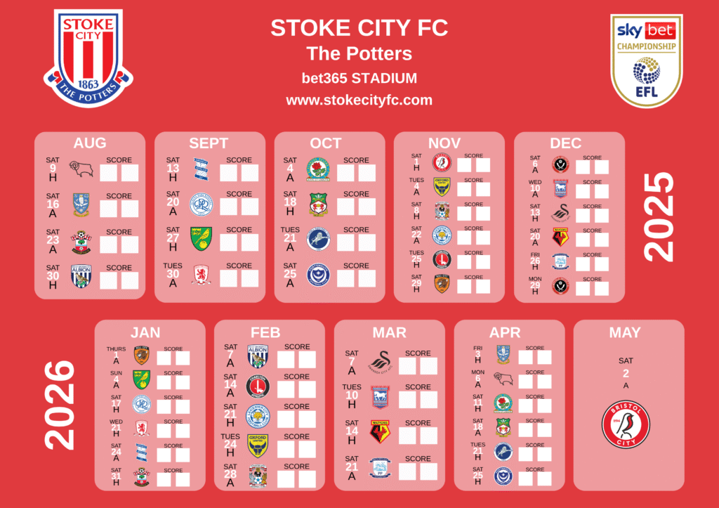 Stoke City FC 2025/26 Wall Calendar | thefootballseason.com