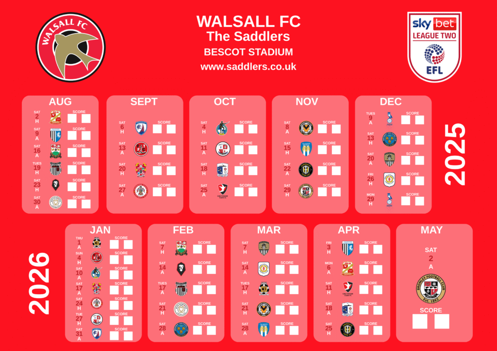 Walsall FC 2025/26 Wall Calendar | thefootballseason.com