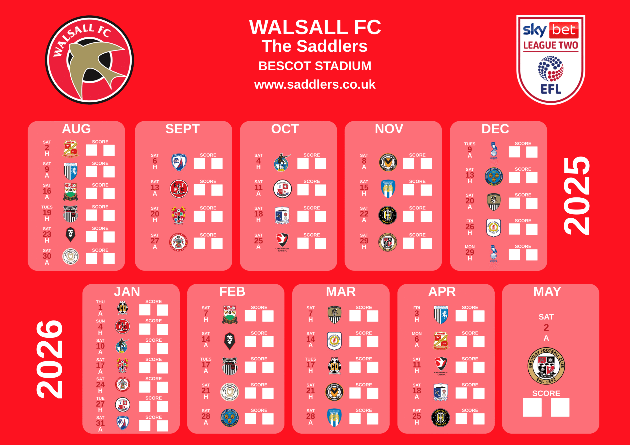 Walsall FC 2025/26 Wall Calendar | thefootballseason.com